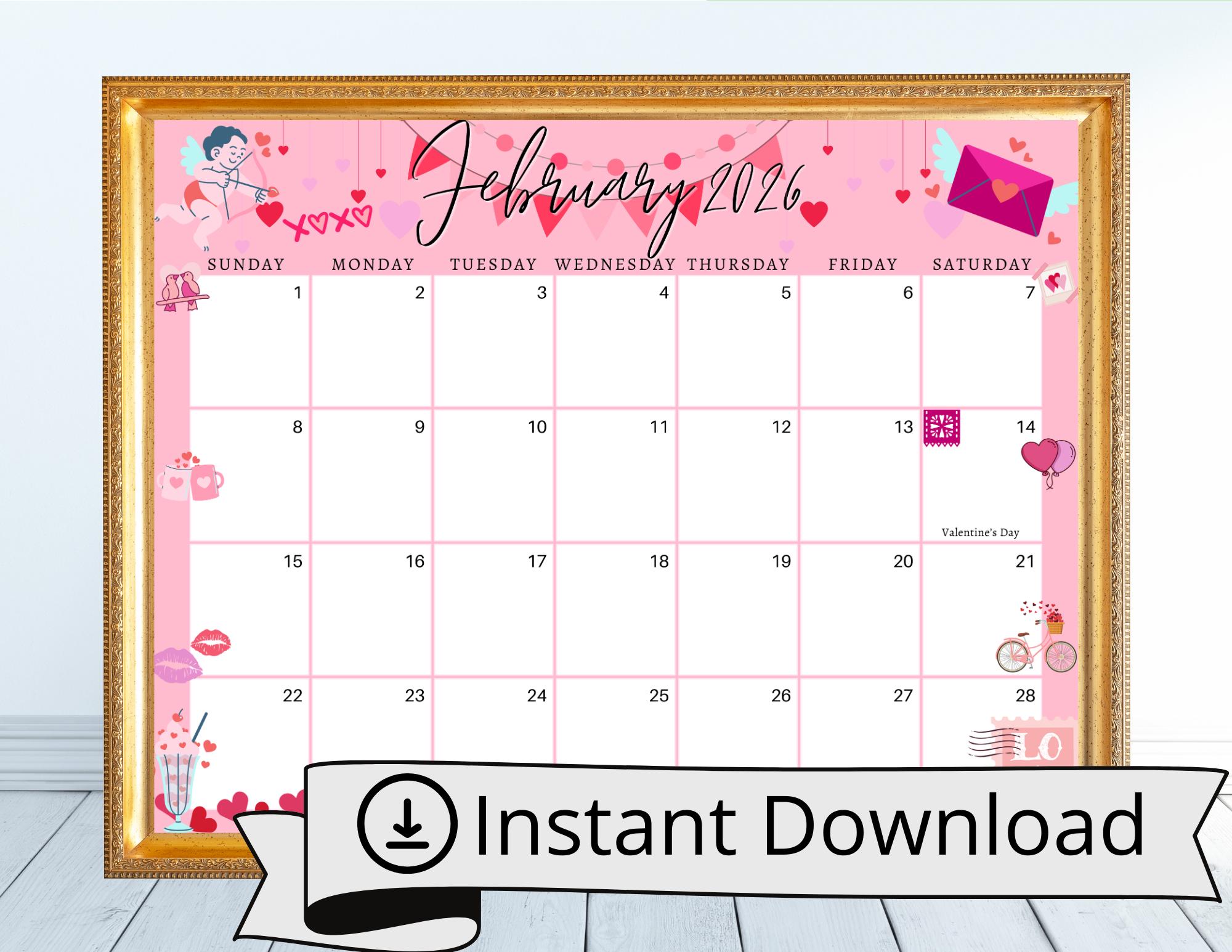 February 2026 Digital Calendar: Pink Valentine's Planner (PDF, PNG, JPG ...