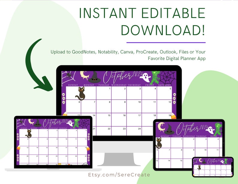October 2024 Digital Calendar Purple Halloween Planner Editable ...