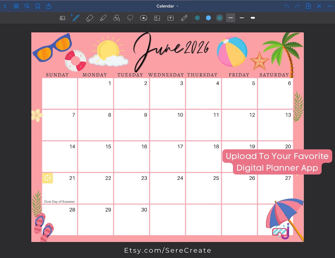 June 2026 Digital Calendar: Pink Summer Planner (PDF, PNG, JPG ...