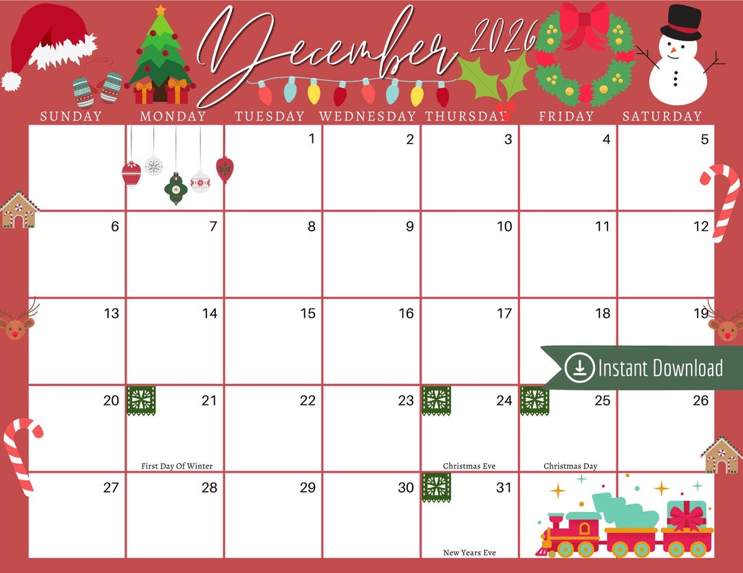 December 2026 Christmas Calendar: Red Holiday Planner (PDF, PNG, JPG ...