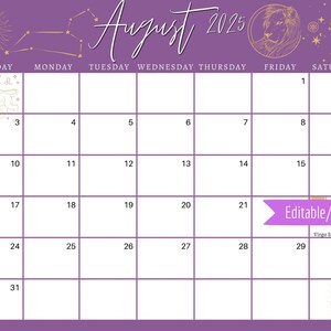 August 2025 Digital Calendar - Purple Leo Astrology Planner Editable ...