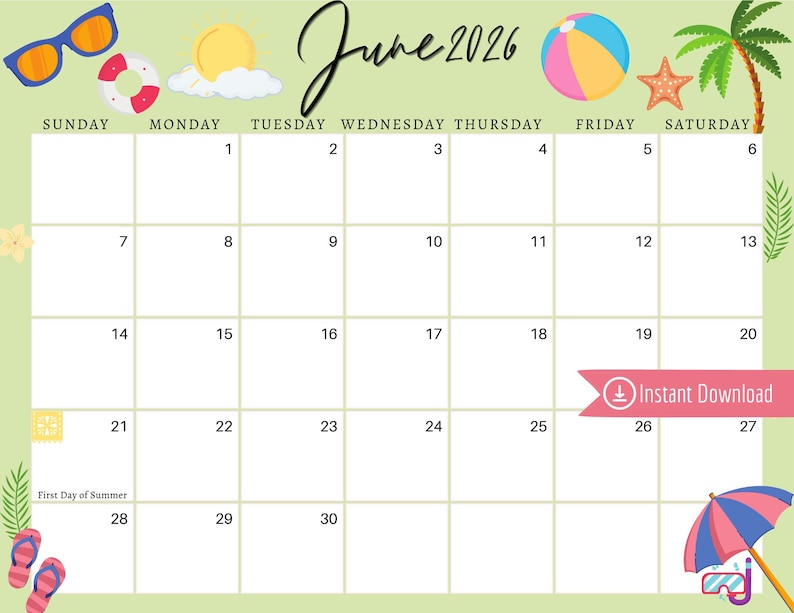 June 2026 Digital Calendar: Light Green Summer Planner (PDF, PNG, JPG ...