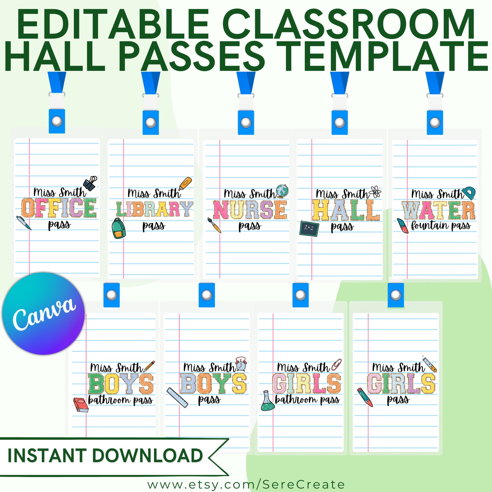 9 Notebook Paper Classroom Hall Passes Lanyard Template - DIY ...