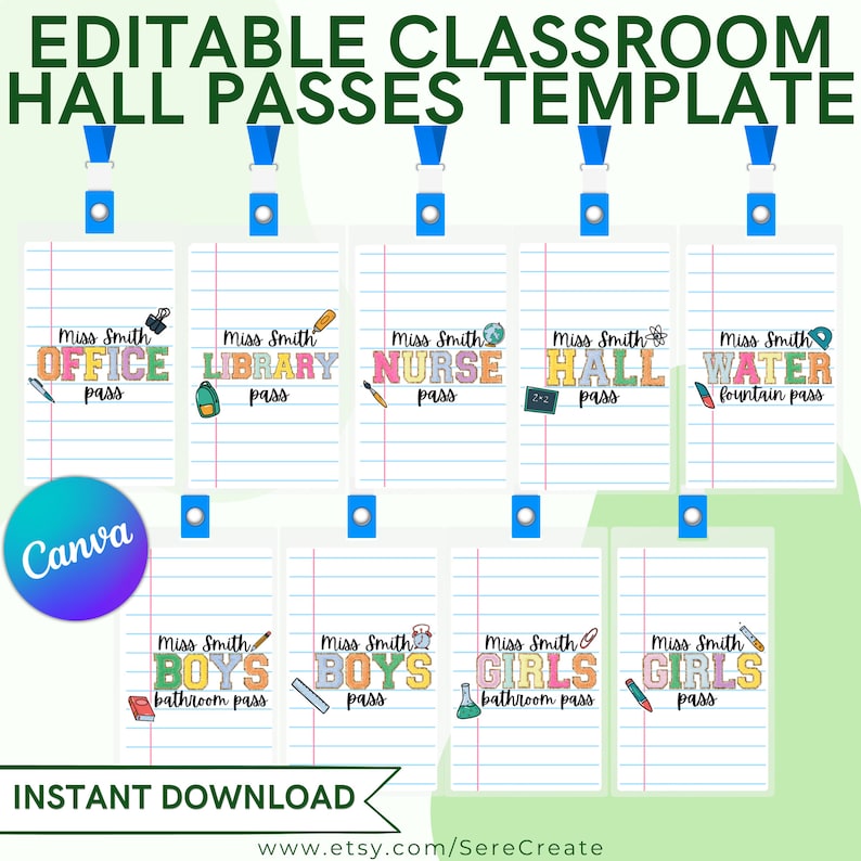 9 Notebook Paper Classroom Hall Passes Lanyard Template - DIY ...