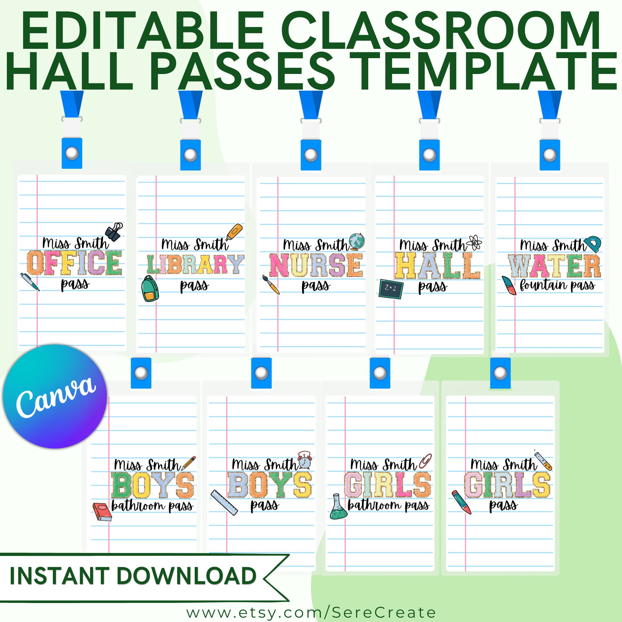 9 Notebook Paper Classroom Hall Passes Lanyard Template - DIY ...