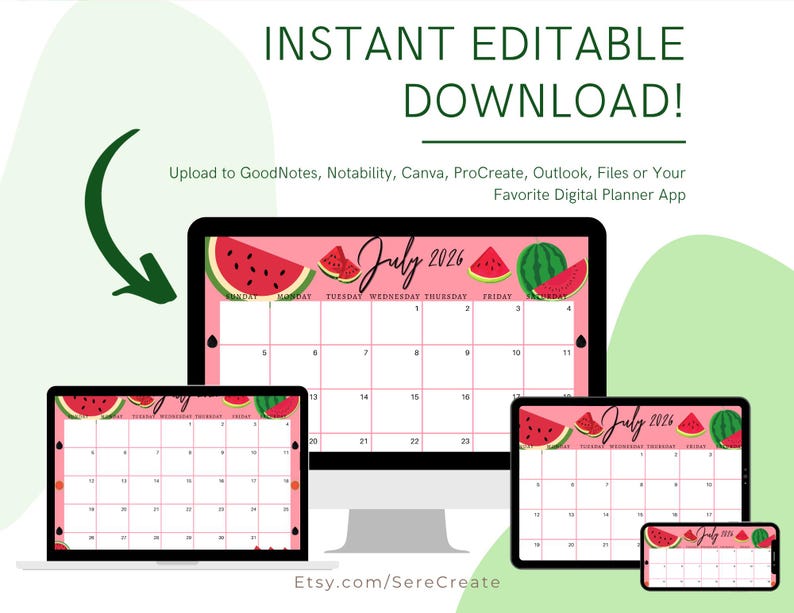 July 2026 Watermelon Calendar: Printable Planner (PDF, PNG, JPG ...