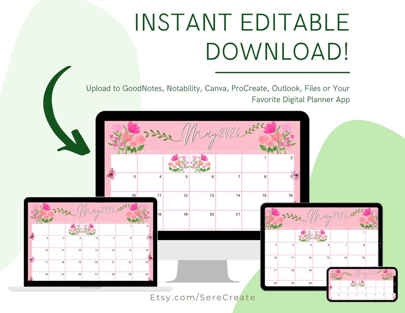 May 2026 Digital Calendar: Pink Floral Planner (PDF, PNG, JPG Download ...