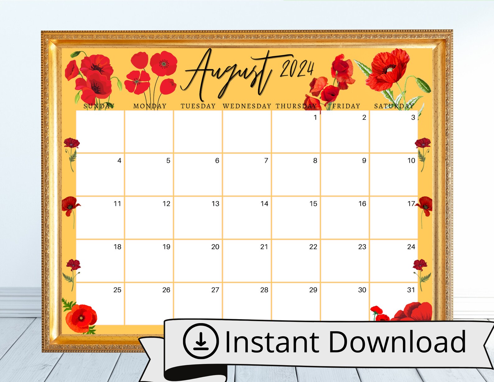 August 2024 Digital Calendar Red Poppy Flowers Planner Editable ...