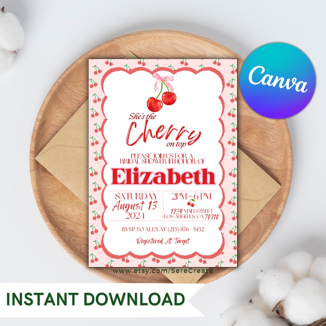 Cherry Themed Bridal Shower Invitation- Instant, Editable, Download ...