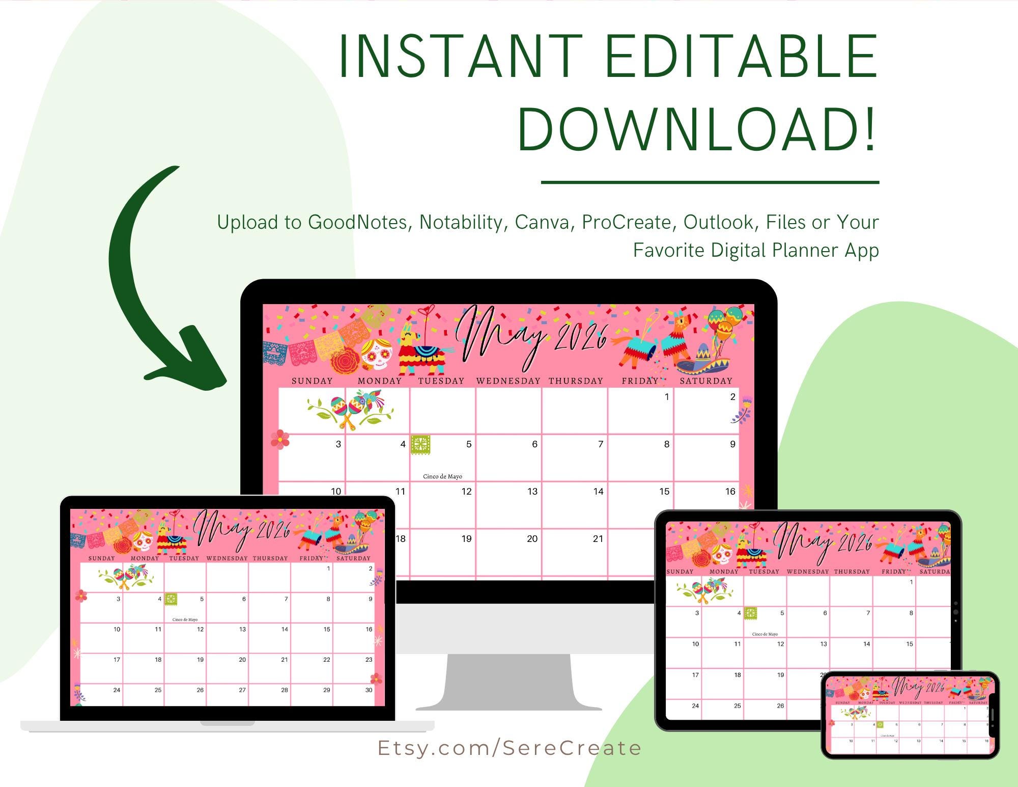 May 2026 Fiesta Calendar: Pink Cinco De Mayo Planner (PDF, PNG, JPG ...