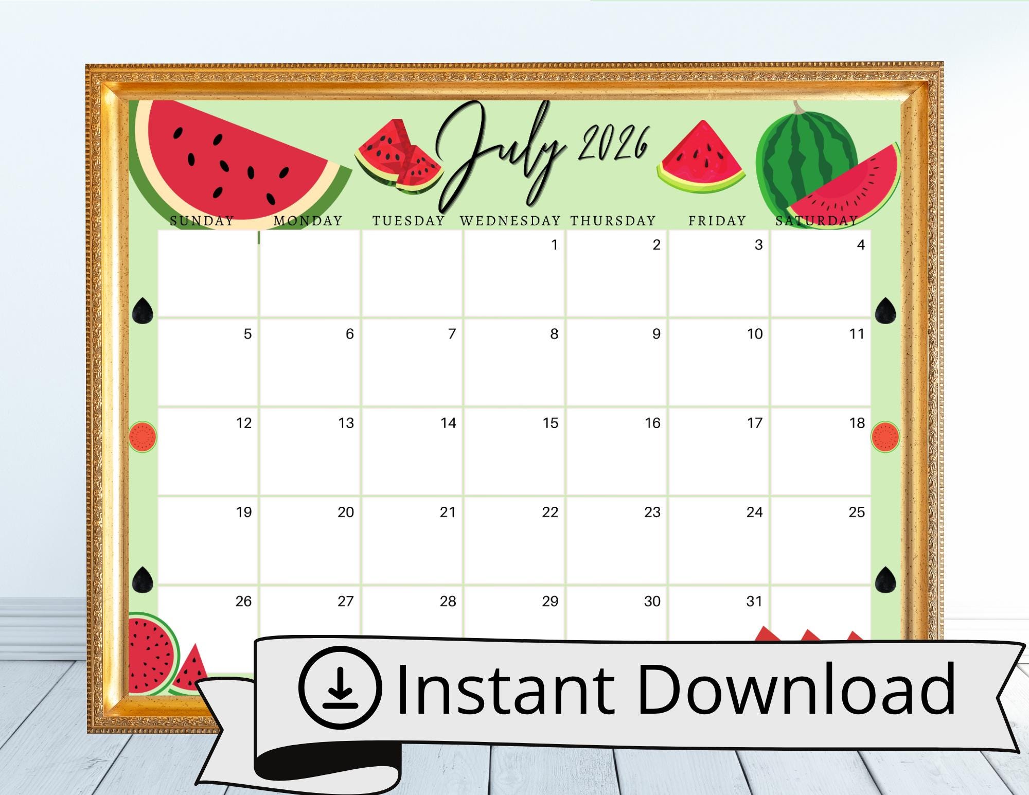 July 2026 Watermelon Calendar: Fillable Planner (PDF, PNG, JPG Download ...