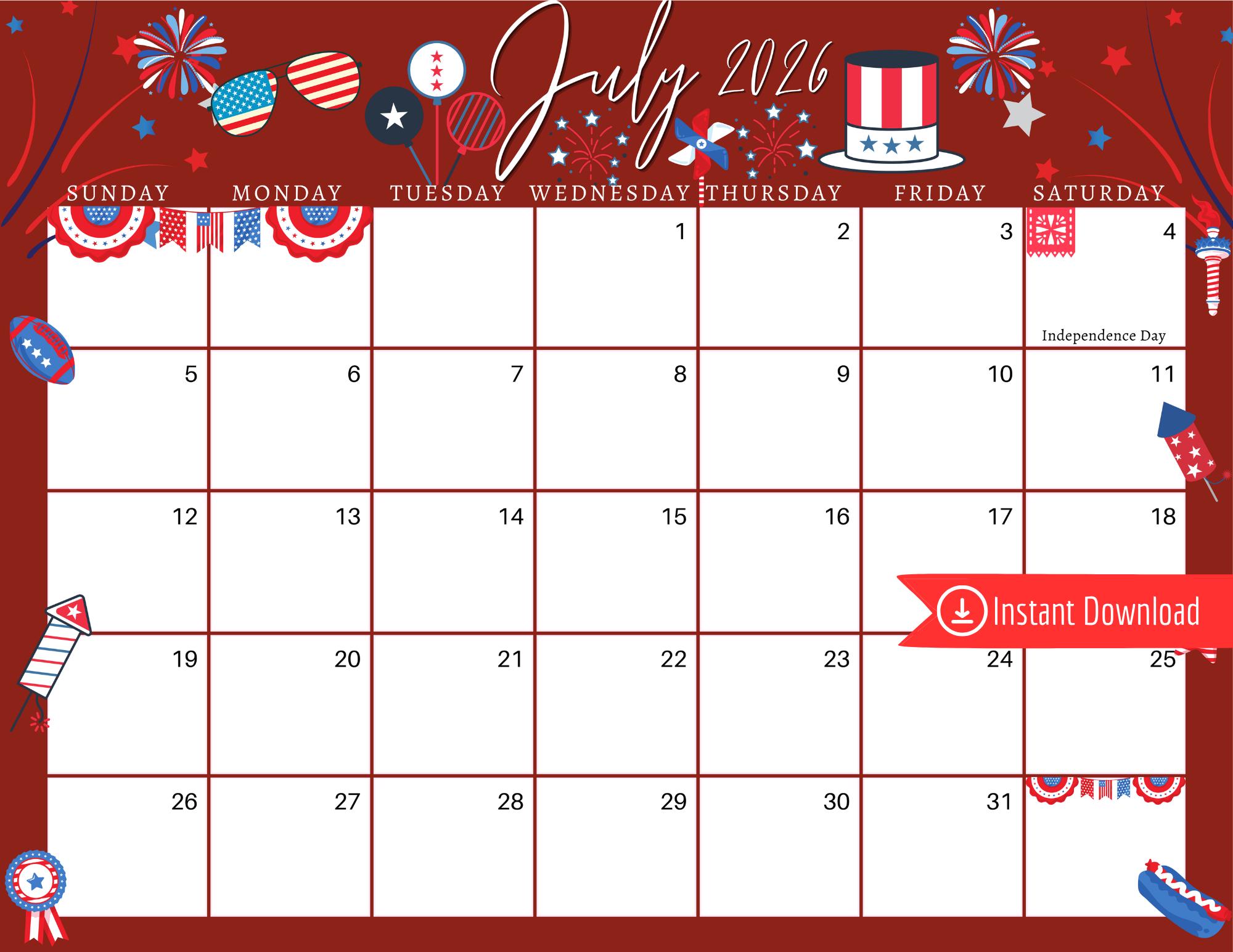 July 2026 Red 4th of July Calendar: Editable Printable Planner (PDF ...