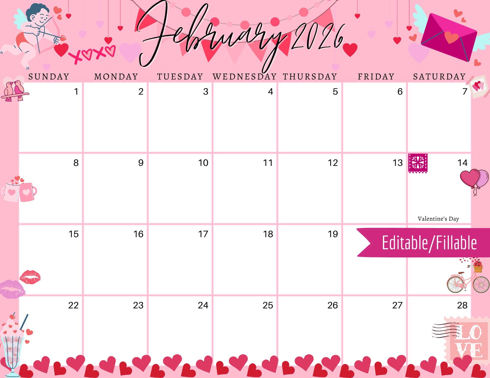 February 2026 Digital Calendar: Pink Valentine's Planner (PDF, PNG, JPG ...
