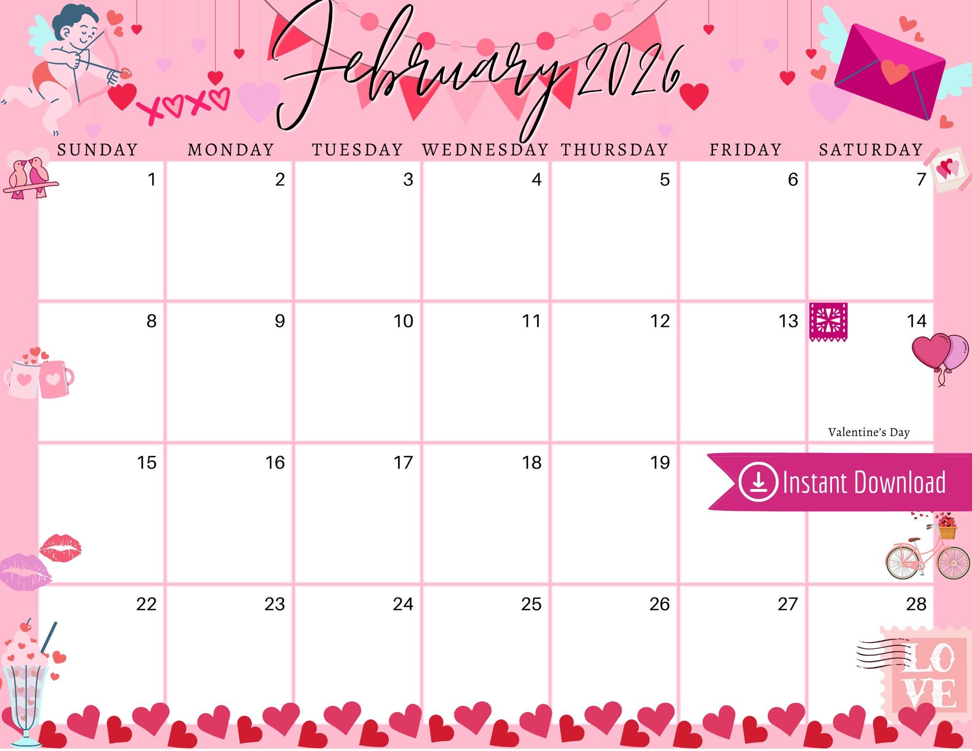 February 2026 Digital Calendar: Pink Valentine's Planner (PDF, PNG, JPG ...