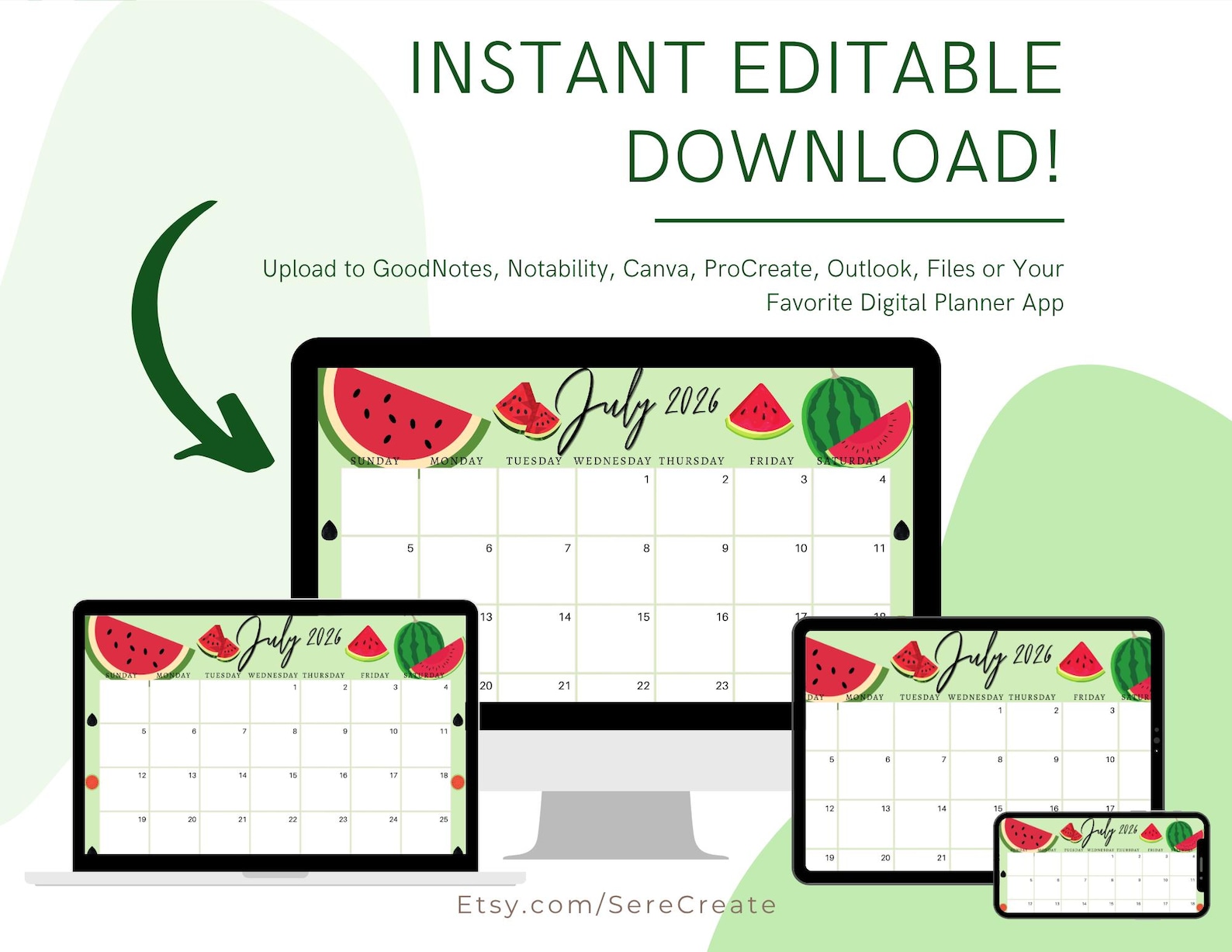 July 2026 Watermelon Calendar: Fillable Planner (PDF, PNG, JPG Download ...