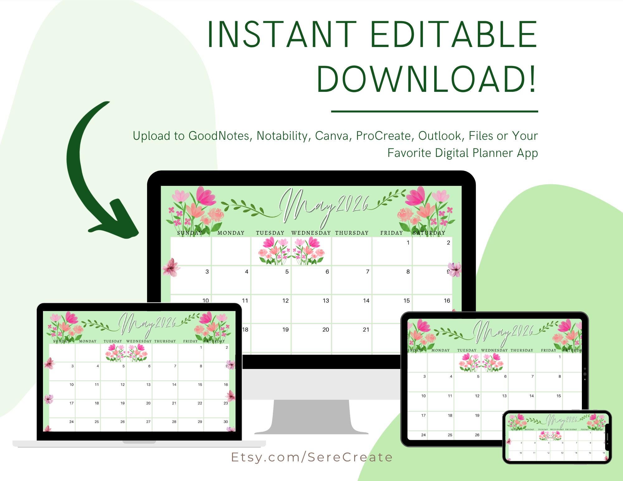 May 2026 Floral Calendar: Green & Pink Flowers, Printable Planner (PDF ...