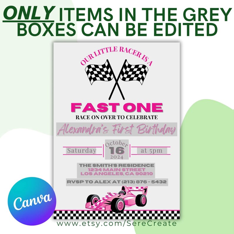 Pink Racing Car Birthday Invitation: Editable Canva Template (digital ...