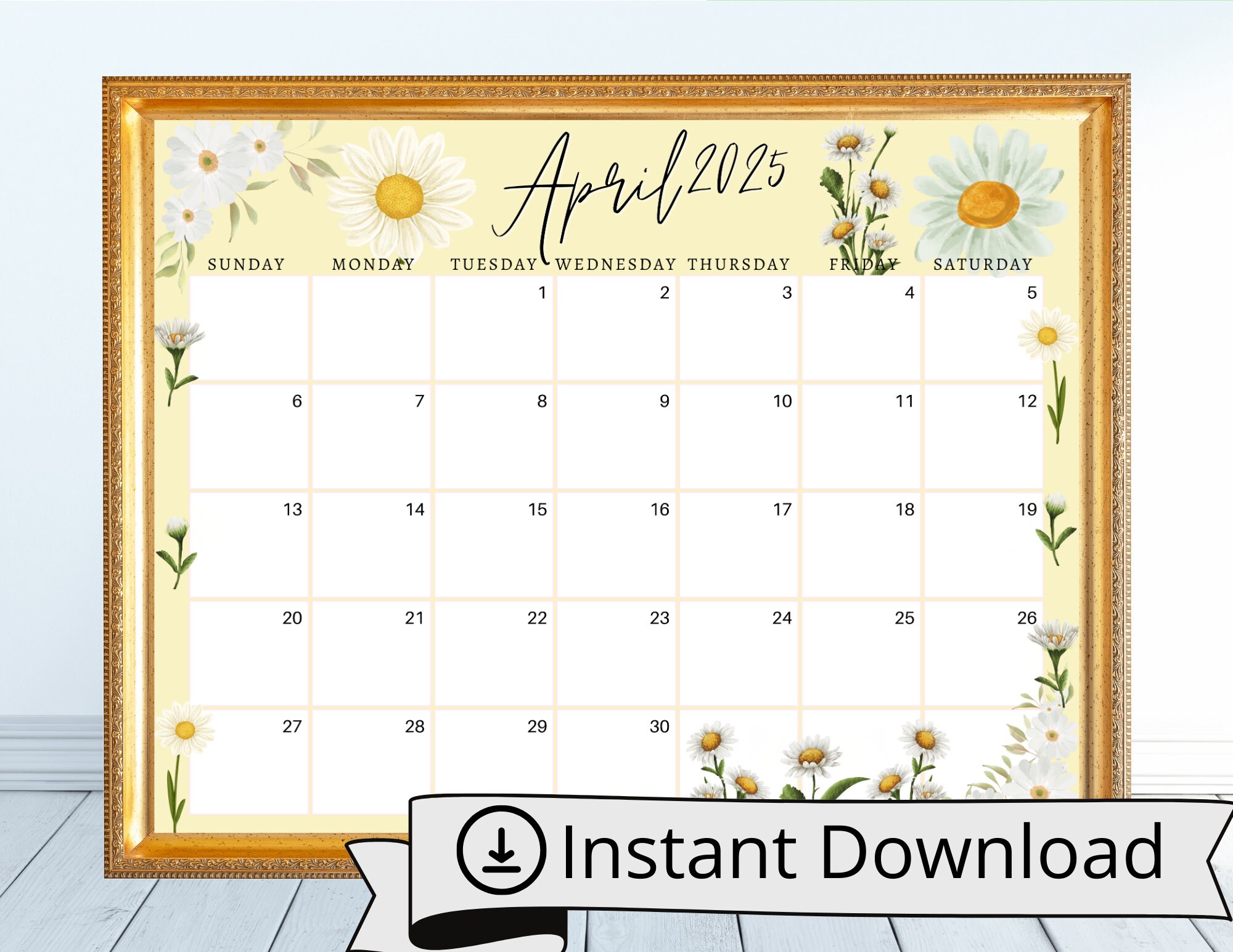 April 2025 Digital Calendar - Yellow & White Daisies Editable Fillable ...