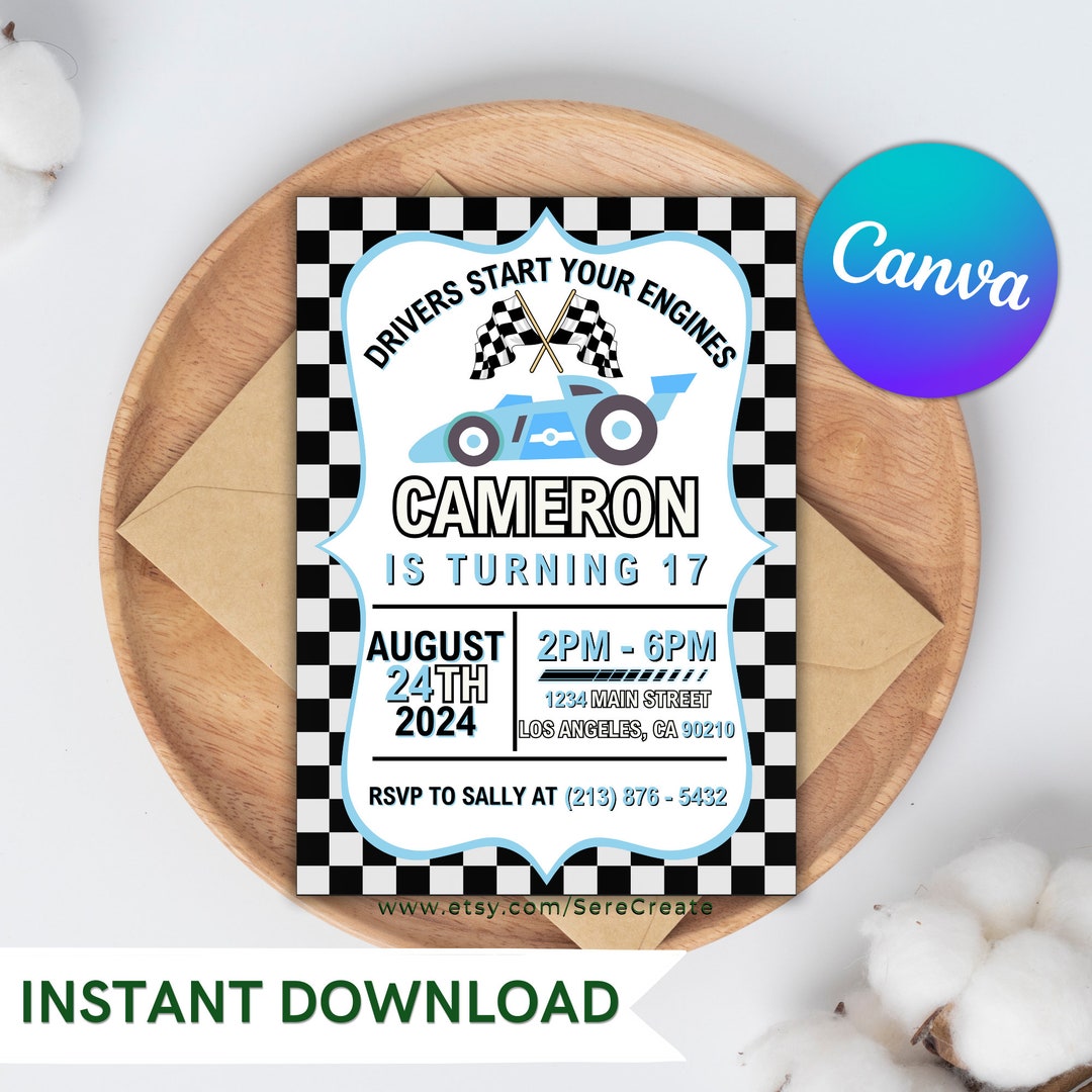 Blue Fast Racing Car Open Wheel Racing Party Invitation - Instant ...