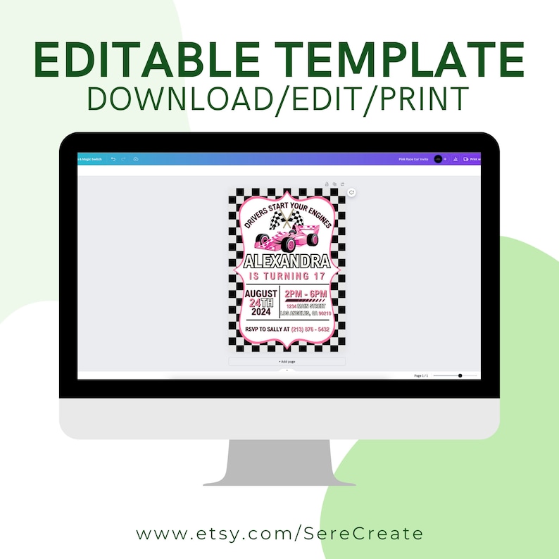 Pink Racing Car Birthday Invitation: Editable Canva Template (digital ...