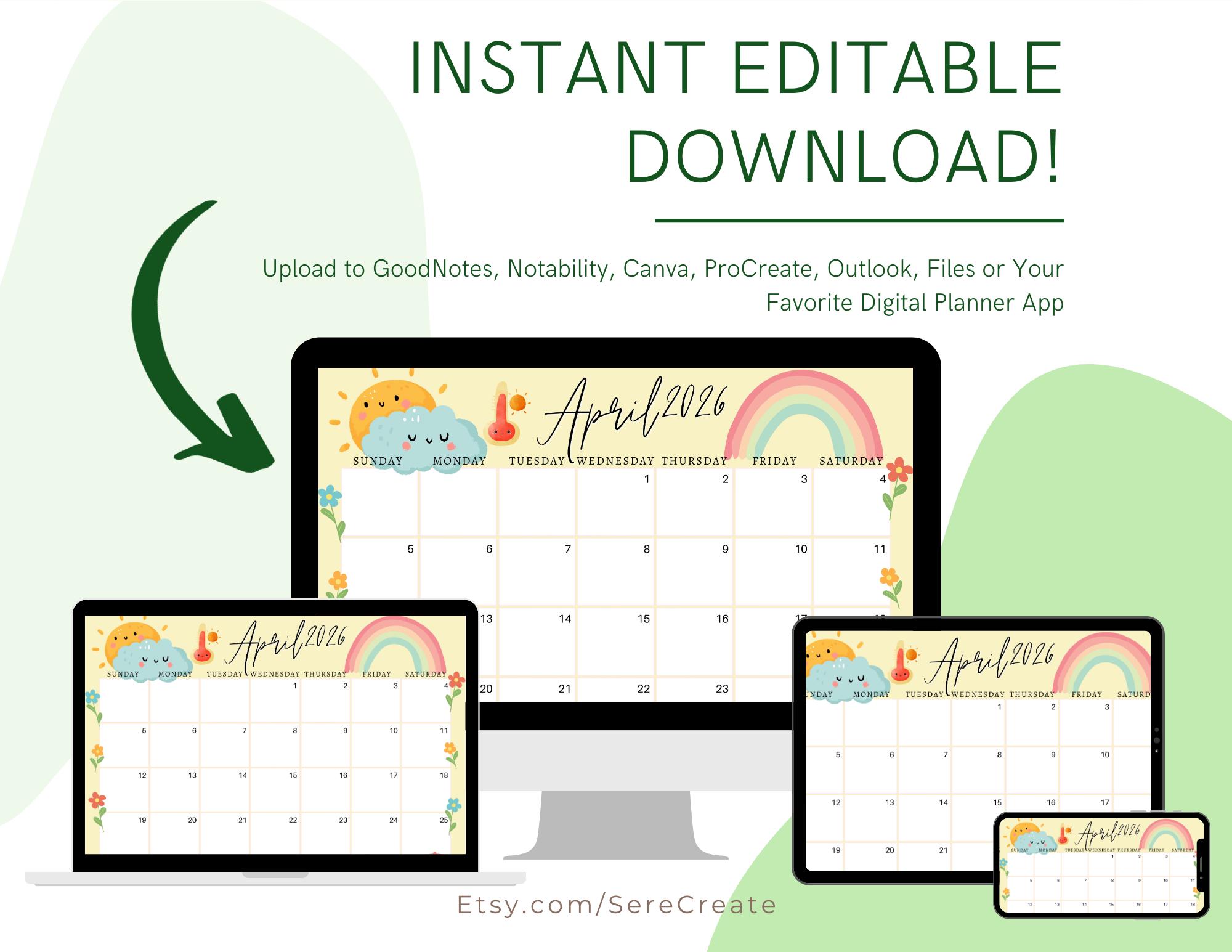 April 2026 Calendar: Light Yellow April Showers Printable (PDF, PNG ...