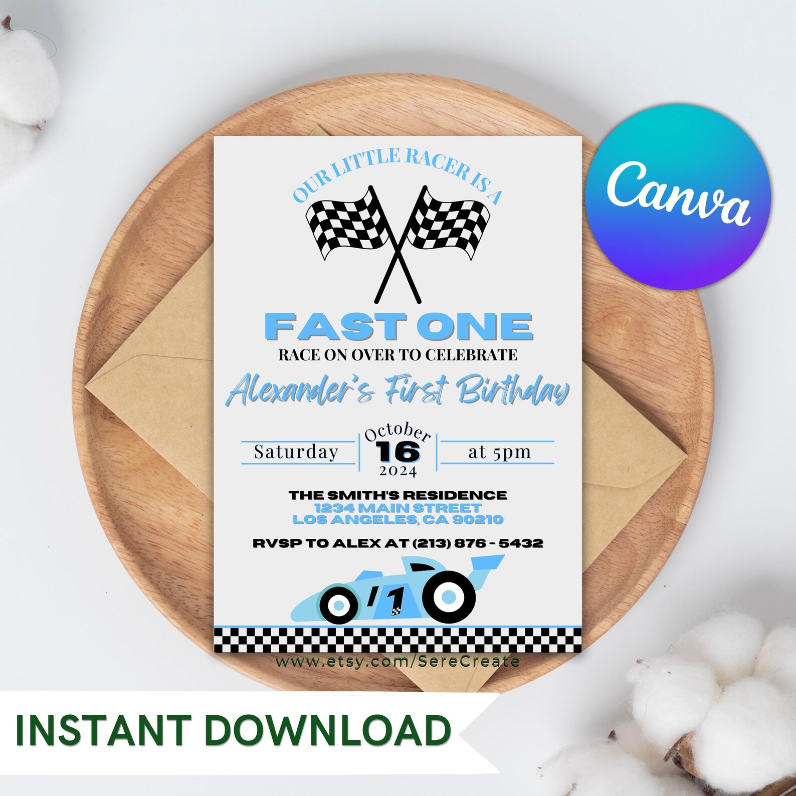 Blue Fast Racing Car Open Wheel Racing Party Invitation - Instant ...