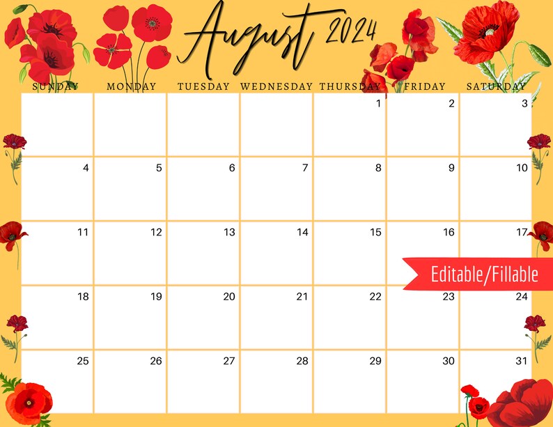 August 2024 Digital Calendar Red Poppy Flowers Planner Editable ...