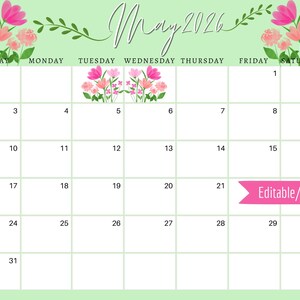 May 2026 Floral Calendar: Green & Pink Flowers, Printable Planner (PDF ...
