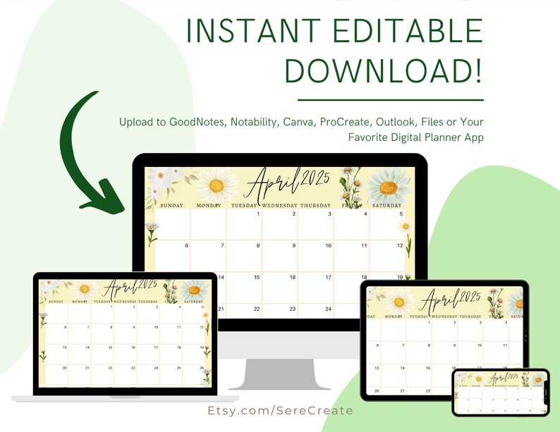 April 2025 Digital Calendar - Yellow & White Daisies Editable Fillable ...