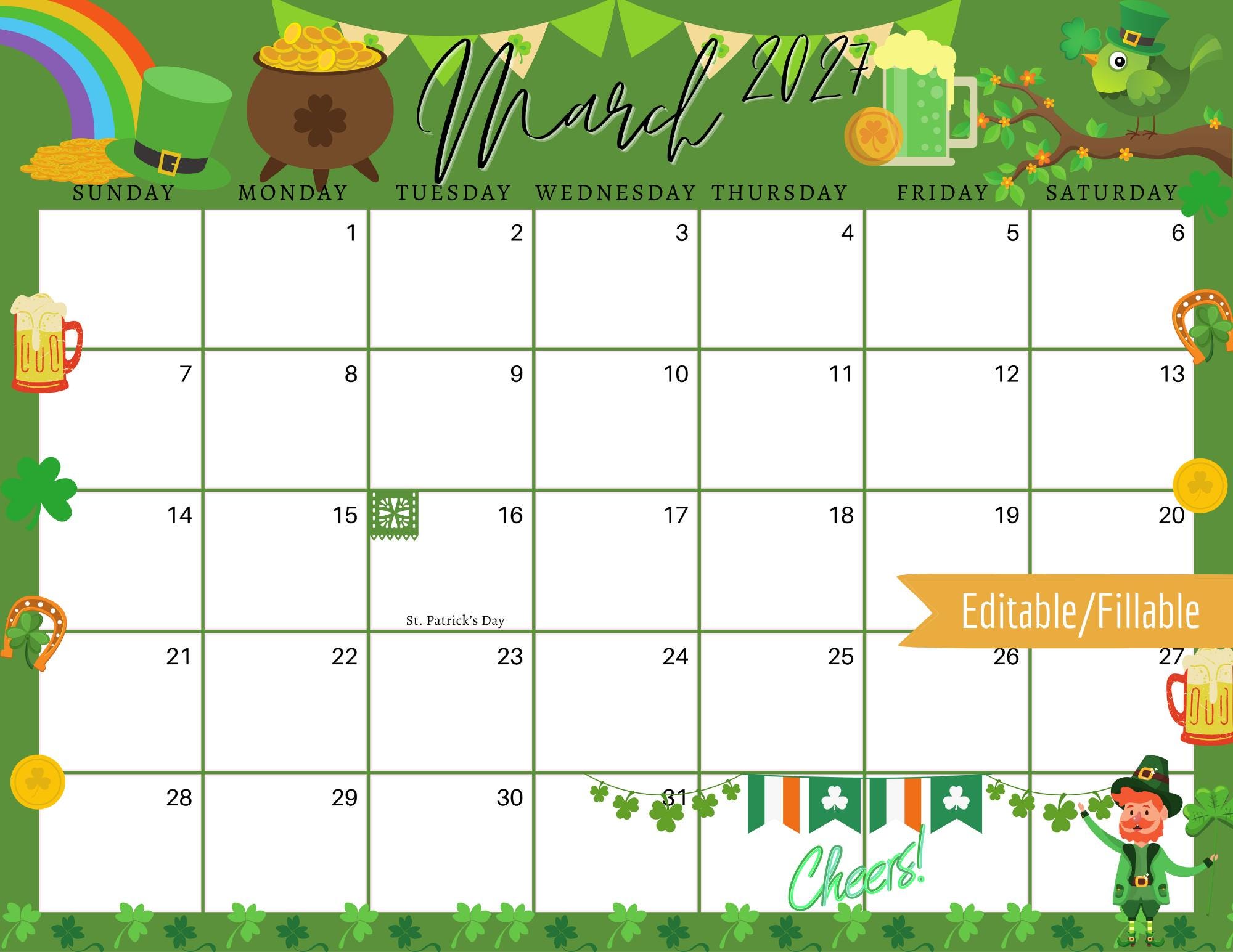 March 2027 St. Patrick's Day Calendar: Editable, Fillable, Printable ...