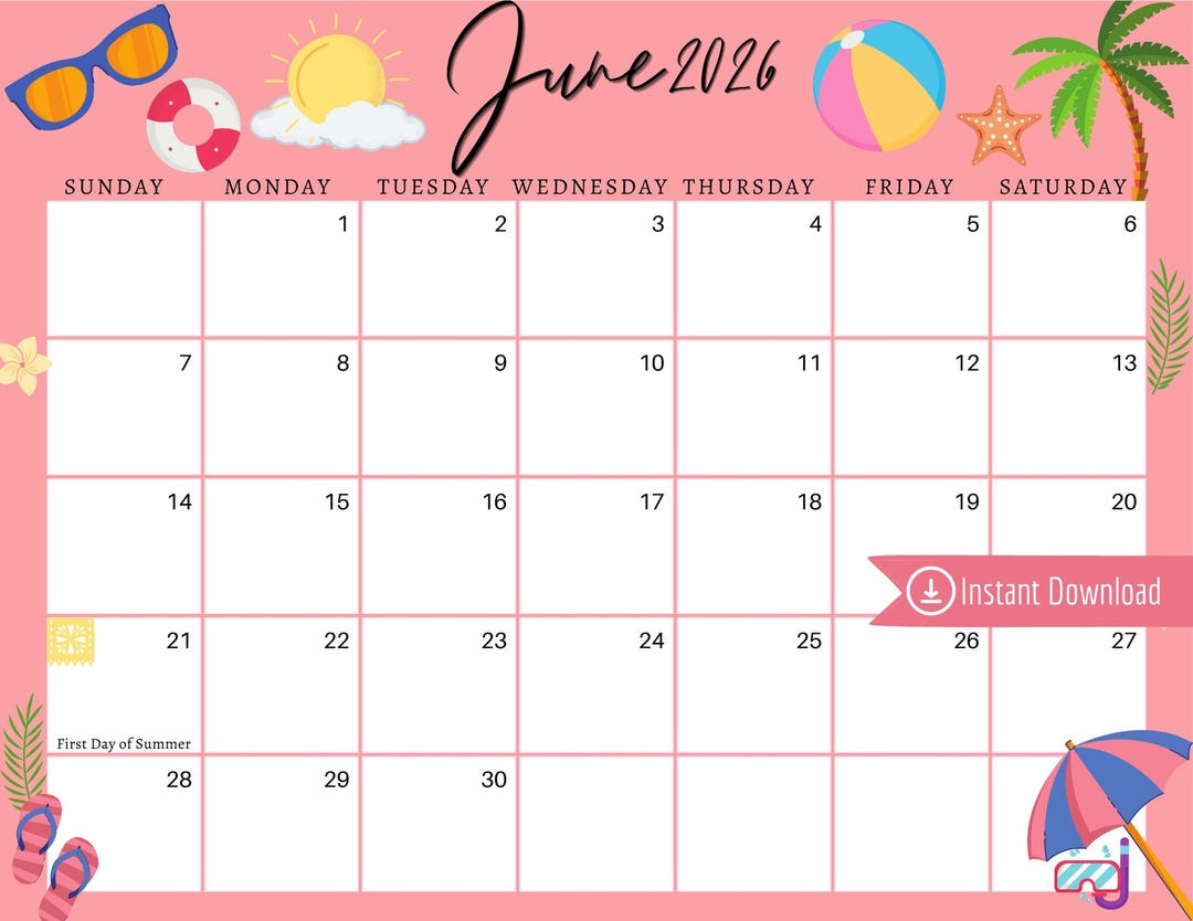 June 2026 Digital Calendar: Pink Summer Planner (PDF, PNG, JPG ...