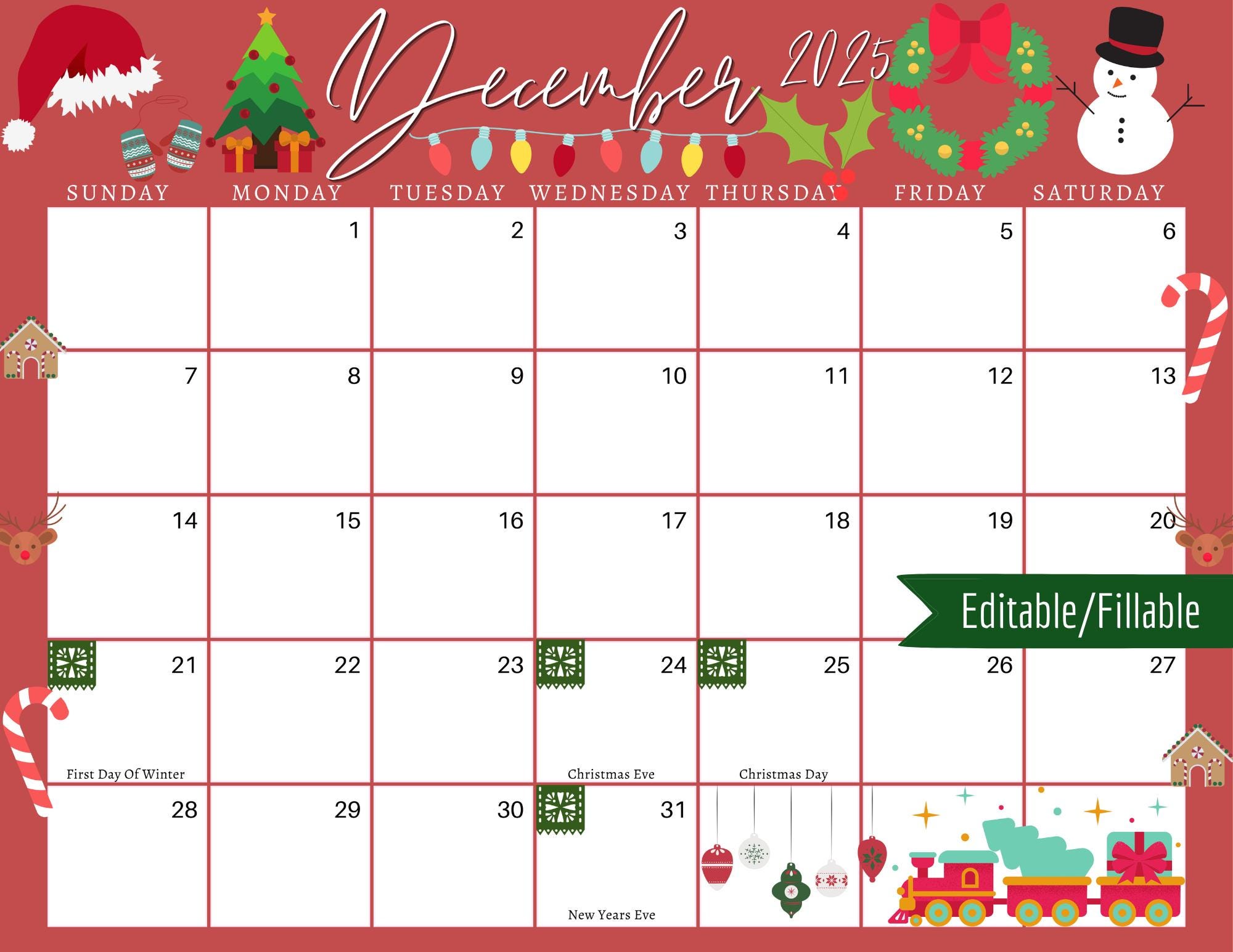 December 2025 Digital Calendar - Red Christmas-themed Planner Editable ...