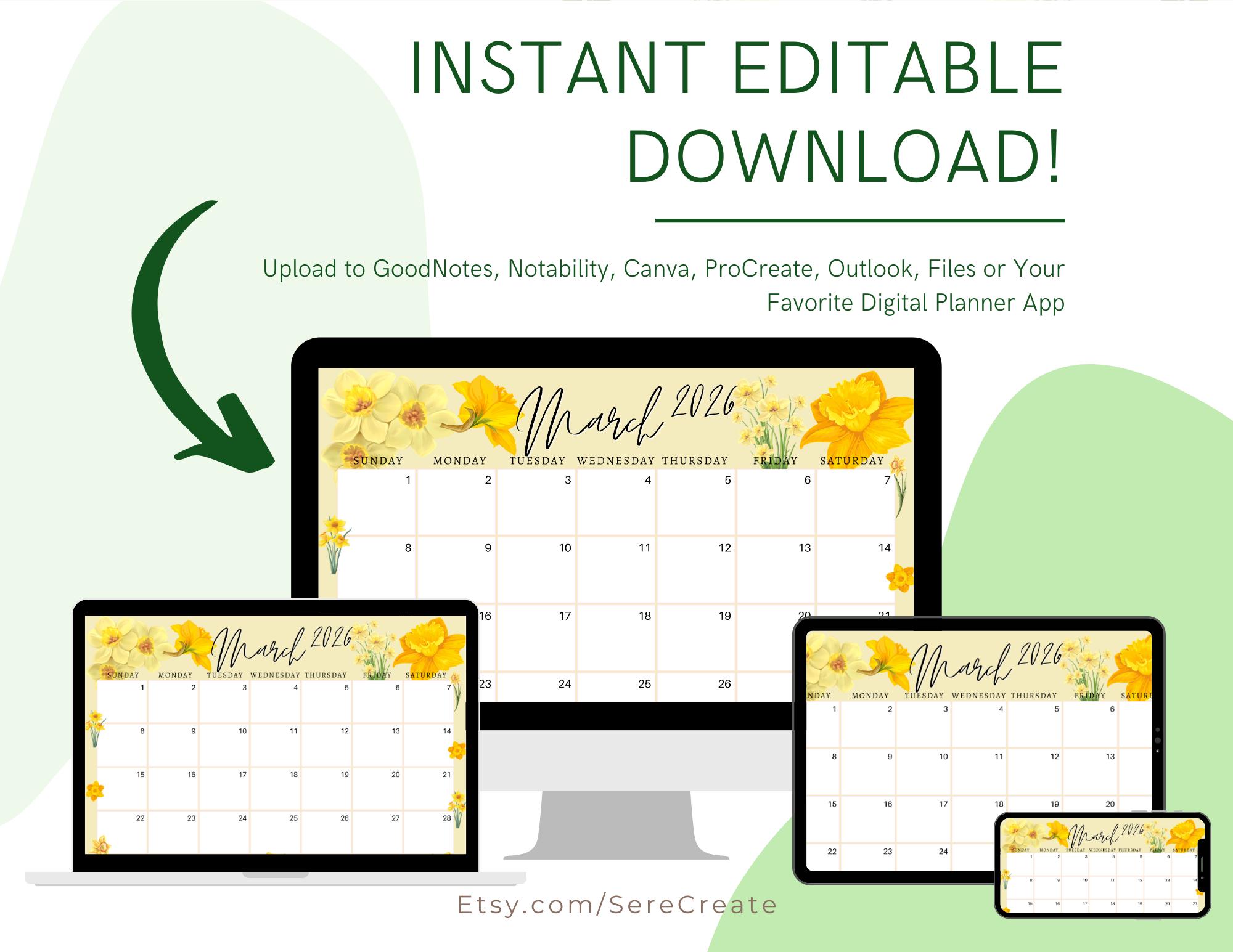 March 2026 Daffodils Calendar: Editable Printable Planner (PDF, PNG ...