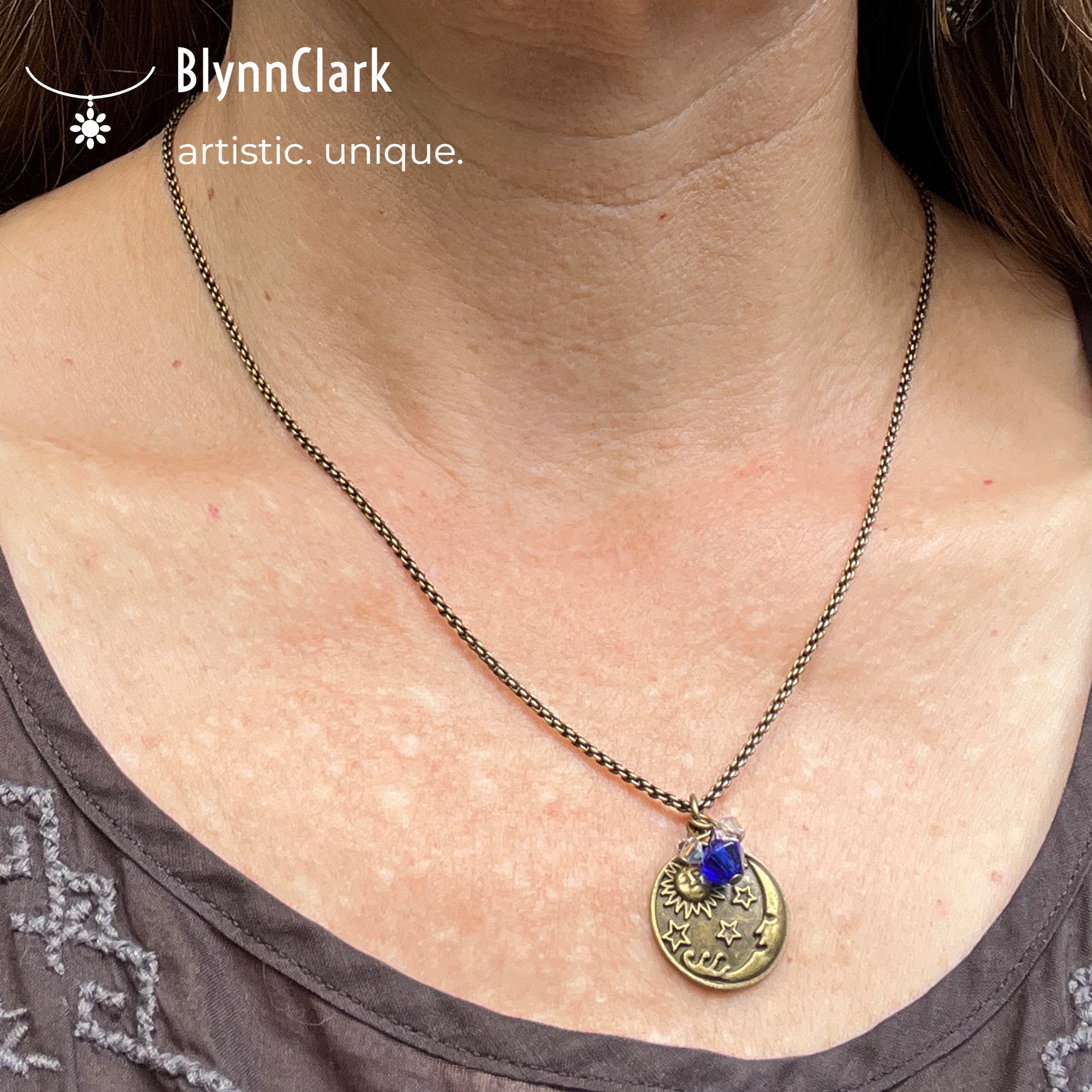 Sun Moon and Stars Celestial Blue Crystal Pendant Necklace - Etsy
