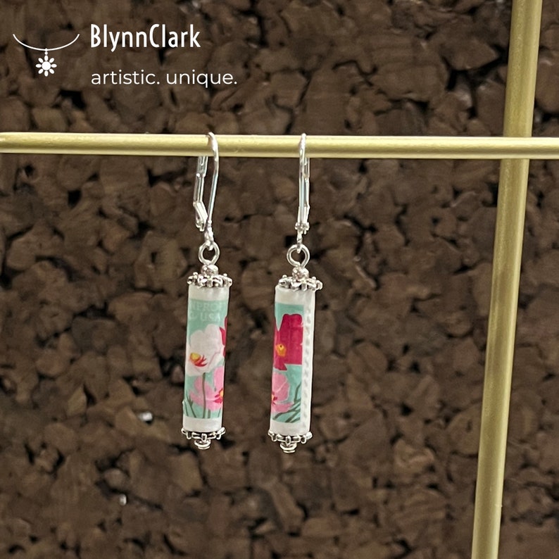 Upcycled Postage Stamp Earrings: Handmade Paper Bead, Silver Plated - Etsy