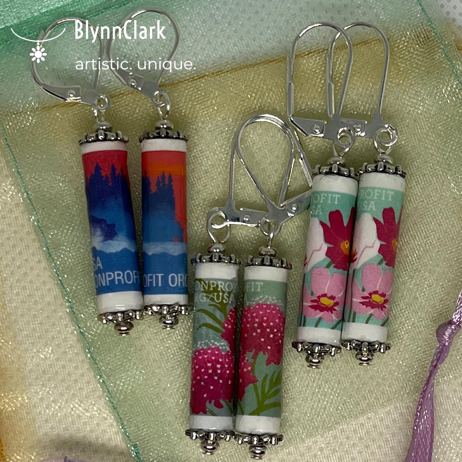 Upcycled Postage Stamp Earrings: Handmade Paper Bead, Silver Plated - Etsy