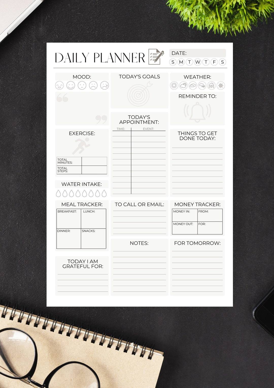 Daily Planner, Organizer, Printable, Instant Download, PDF, Letter Size ...