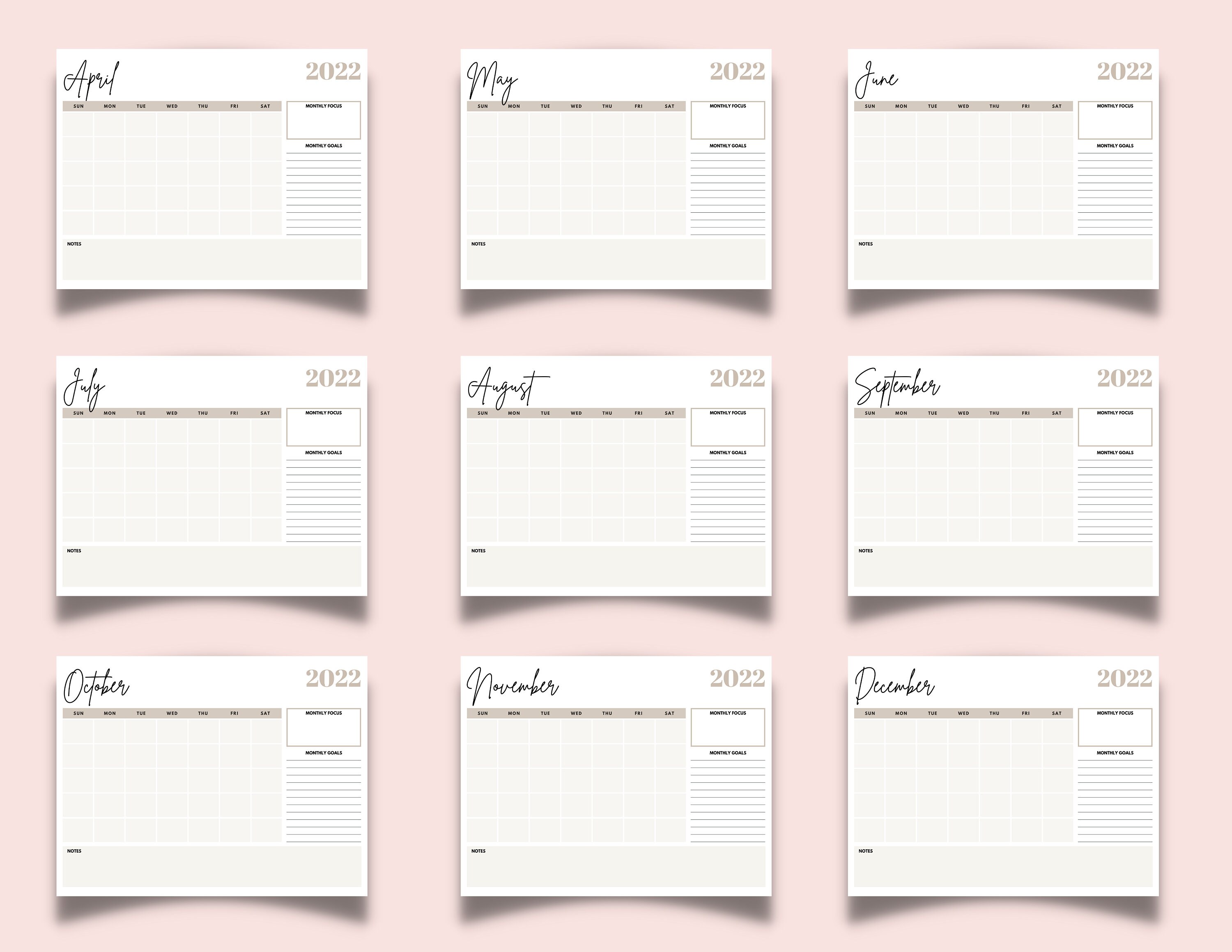 Monthly Blank 2022 Calendar | Instant Download | PDF Printable | April ...