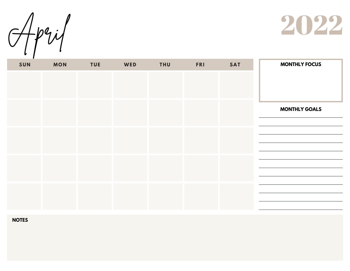 Monthly Blank 2022 Calendar Instant Download PDF Printable | Etsy