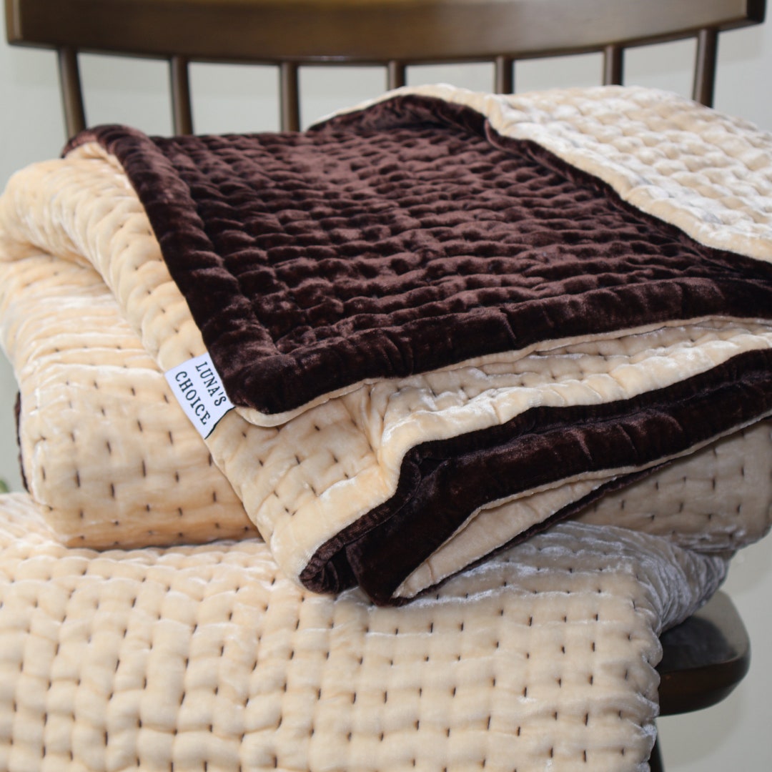 Hand Quilted Silk Velvet Blanket Throw| Luxury Silk Velvet Line Kantha ...