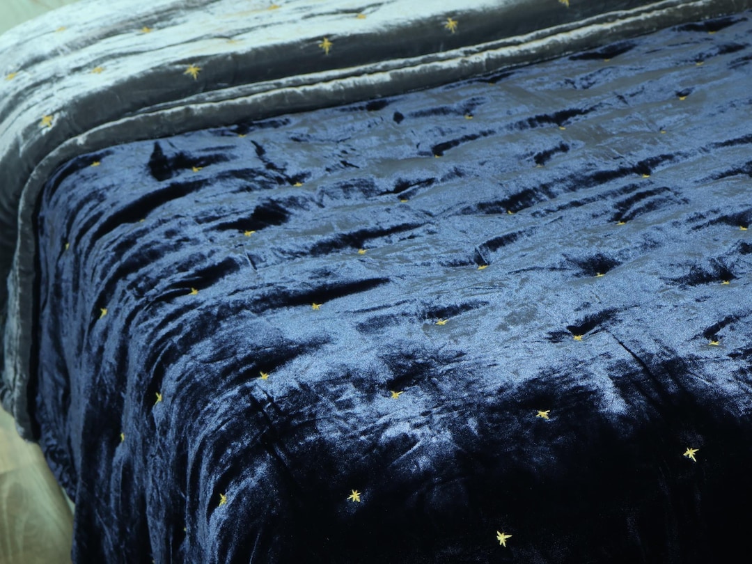 Starry Oxford Blue Silk Velvet Quilt: Hand-stitched Gold Stars - Etsy