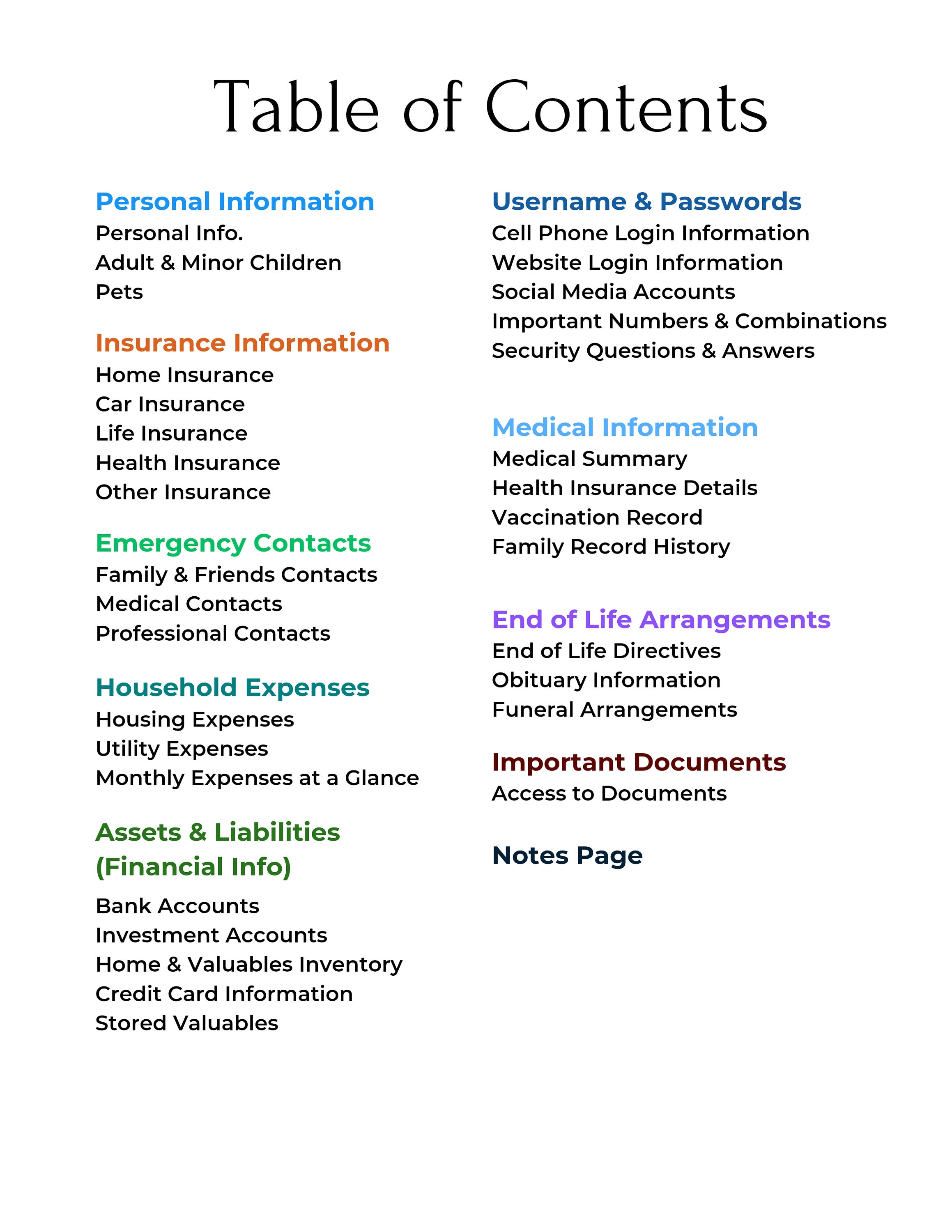 Just in Case Binder, what If Emergency & Legacy Planner, Important ...