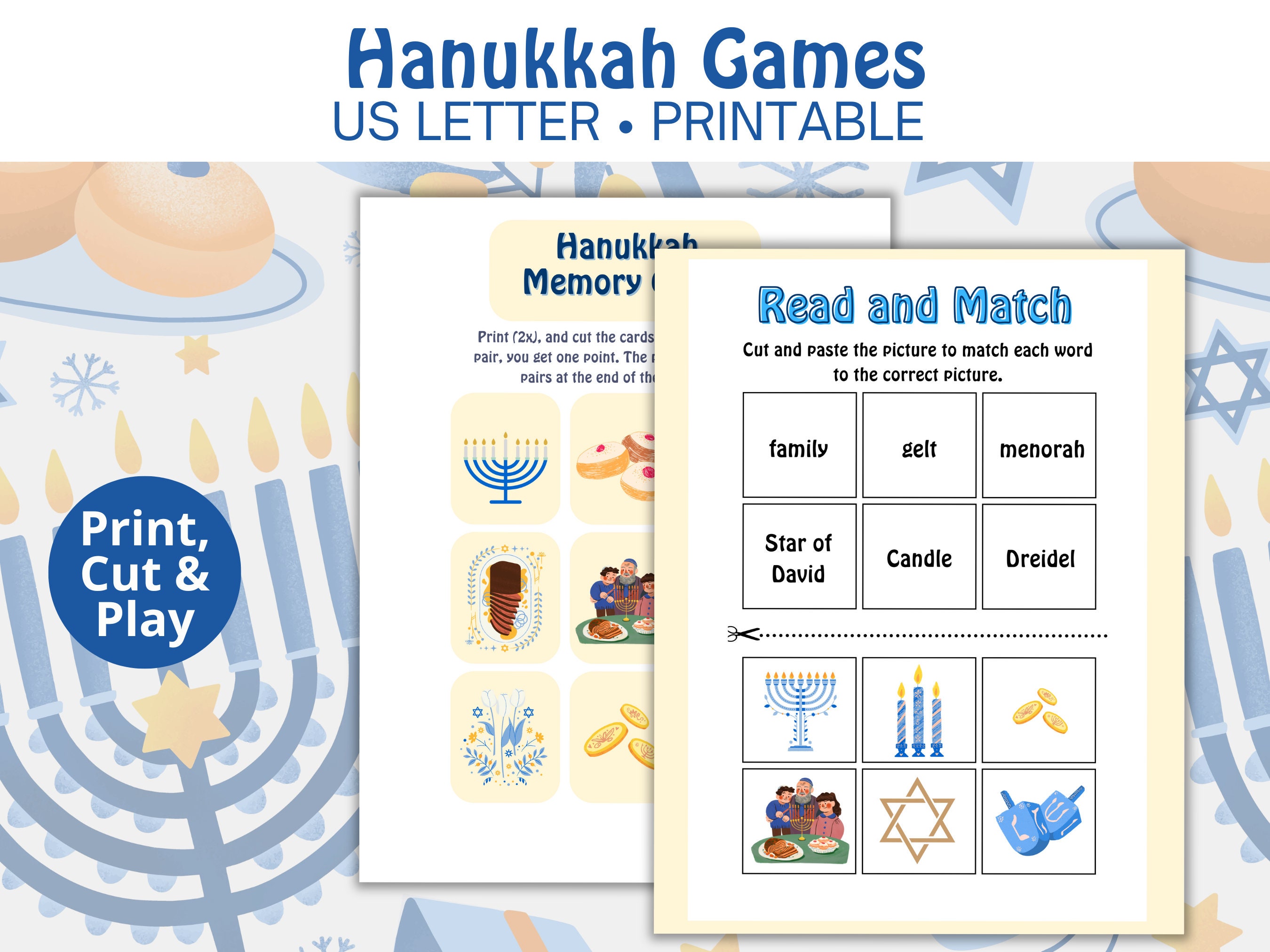 Hanukkah Printable Games, Kid Activities, Family Games, Memory Match ...