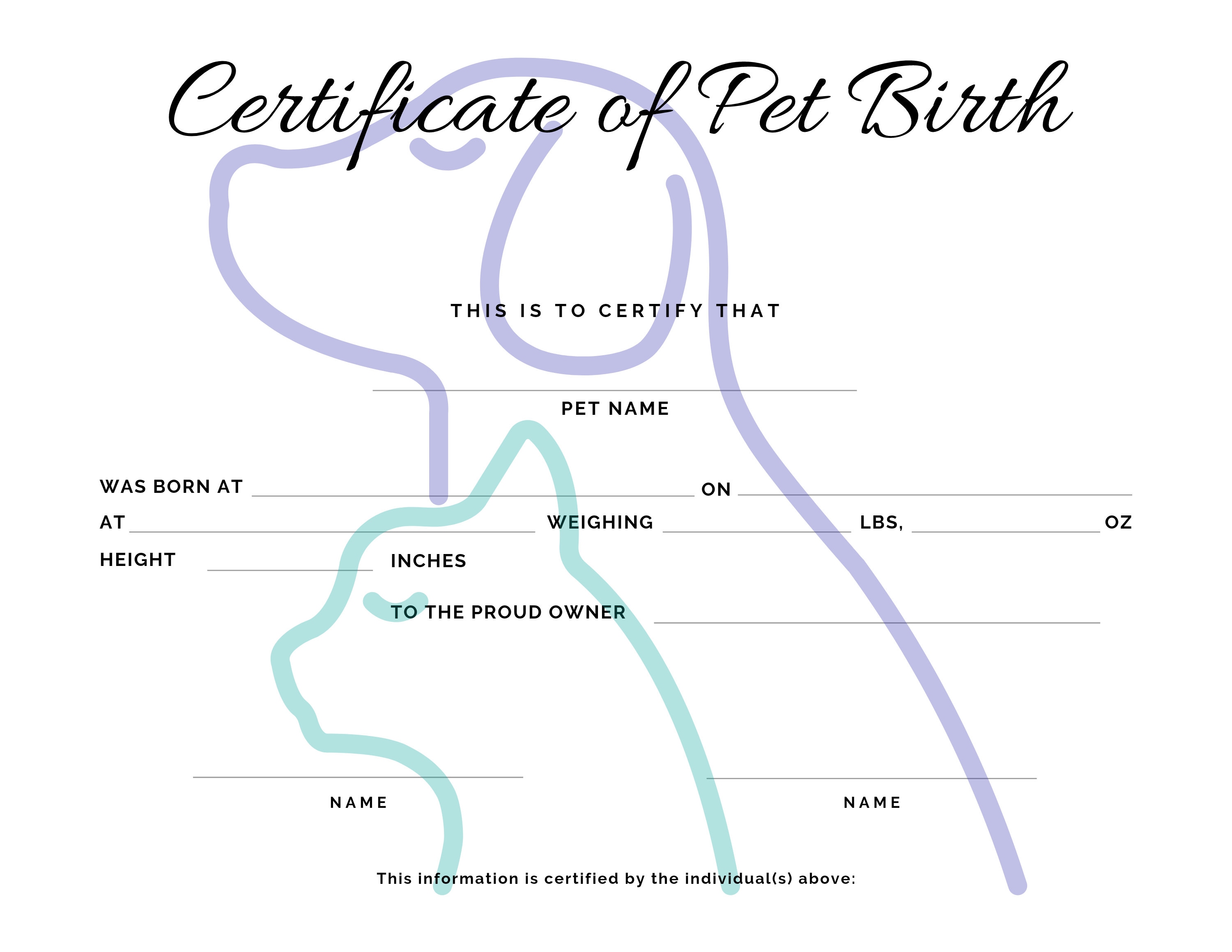 Printable Pet Birth Certificate, Printable Animal Birth Certificate ...