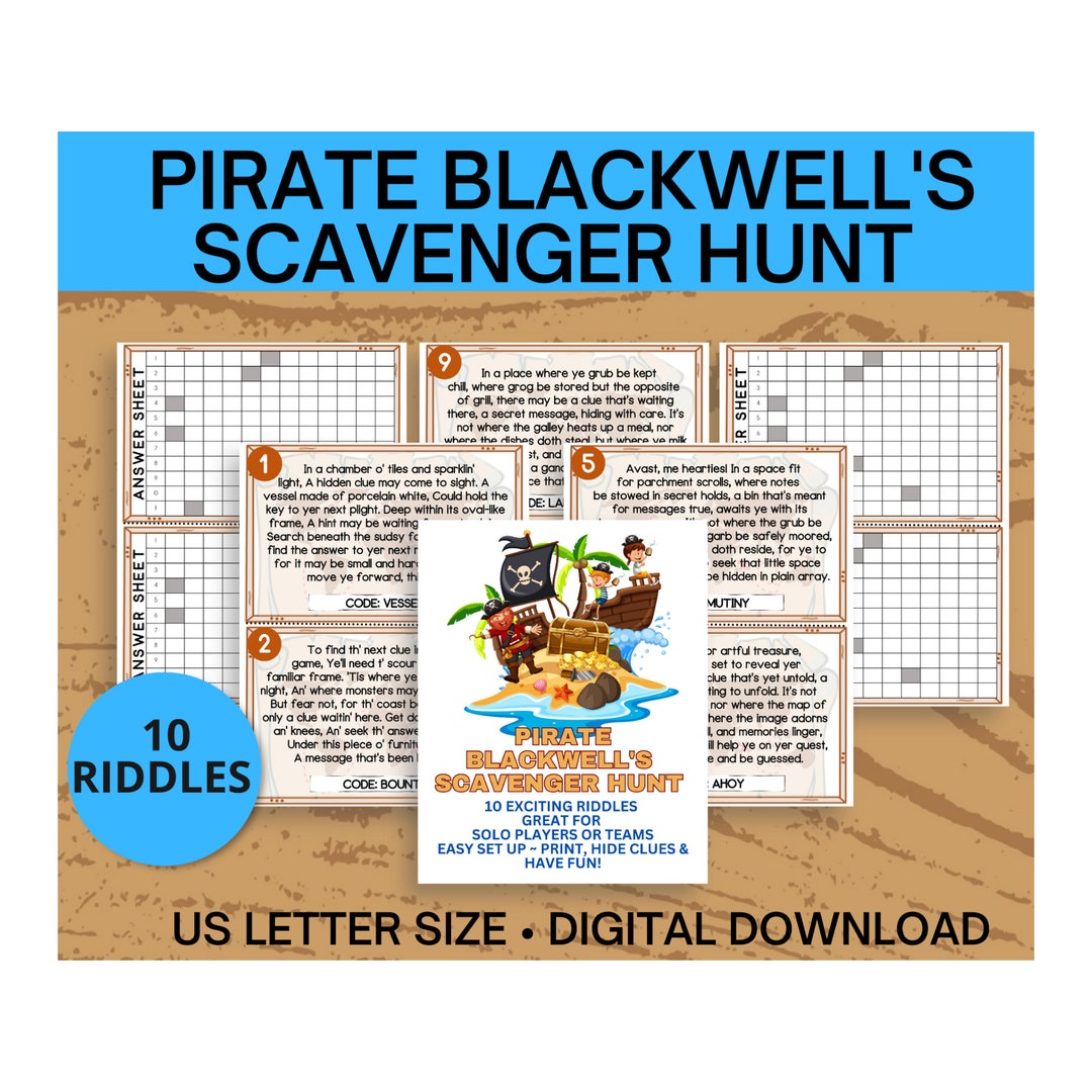 Pirate Themed Scavenger Hunt, Pirate Themed Treasure Hunt, Printable ...