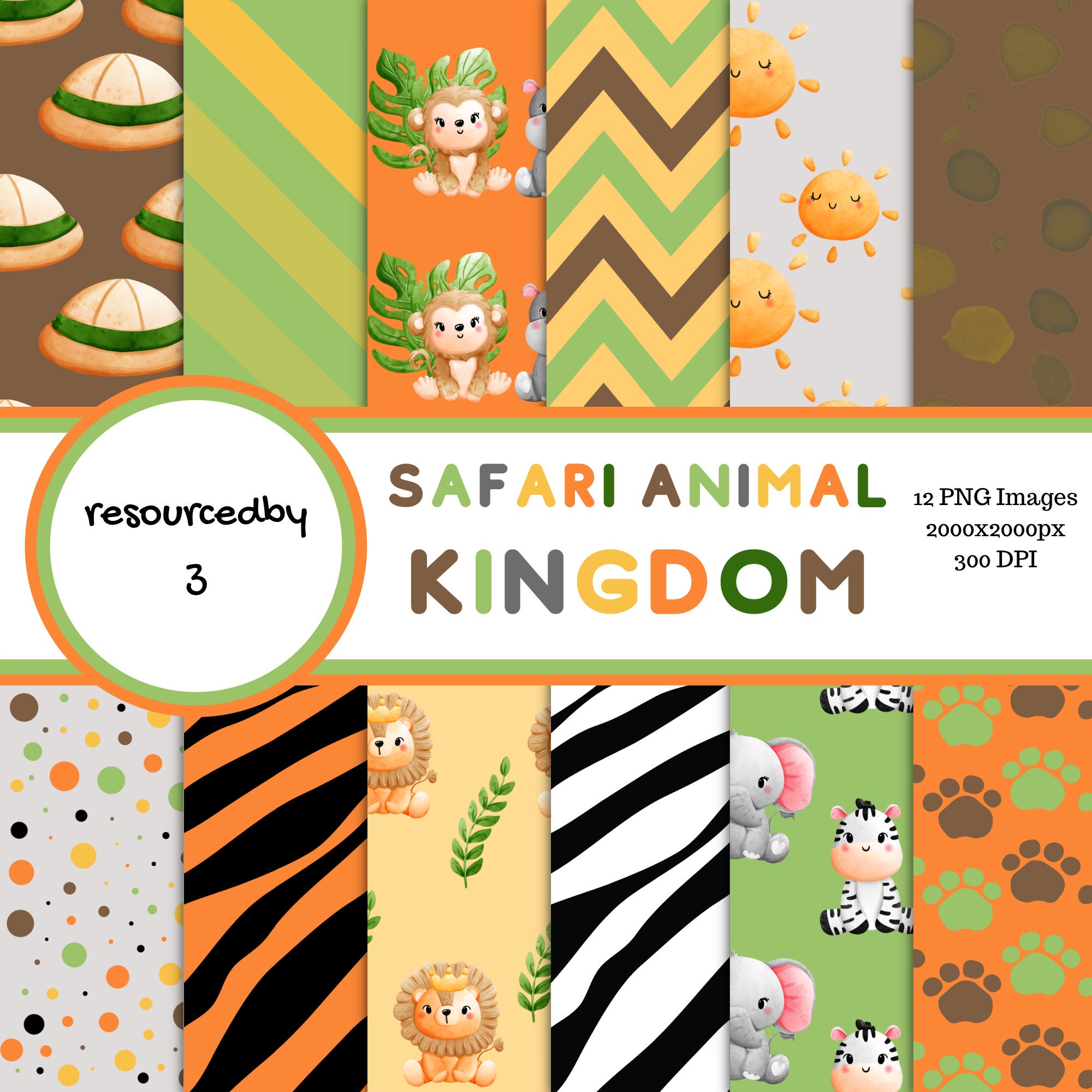 SAFARI ANIMAL KINGDOM Digital Paper Lion Zebra Print Giraffe Jungle Zoo ...