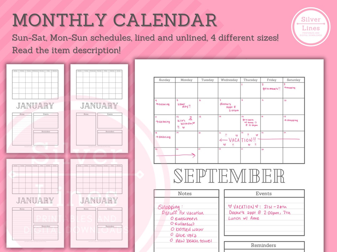 MONTHLY CALENDAR: One Page Month Printable for Planners - Etsy