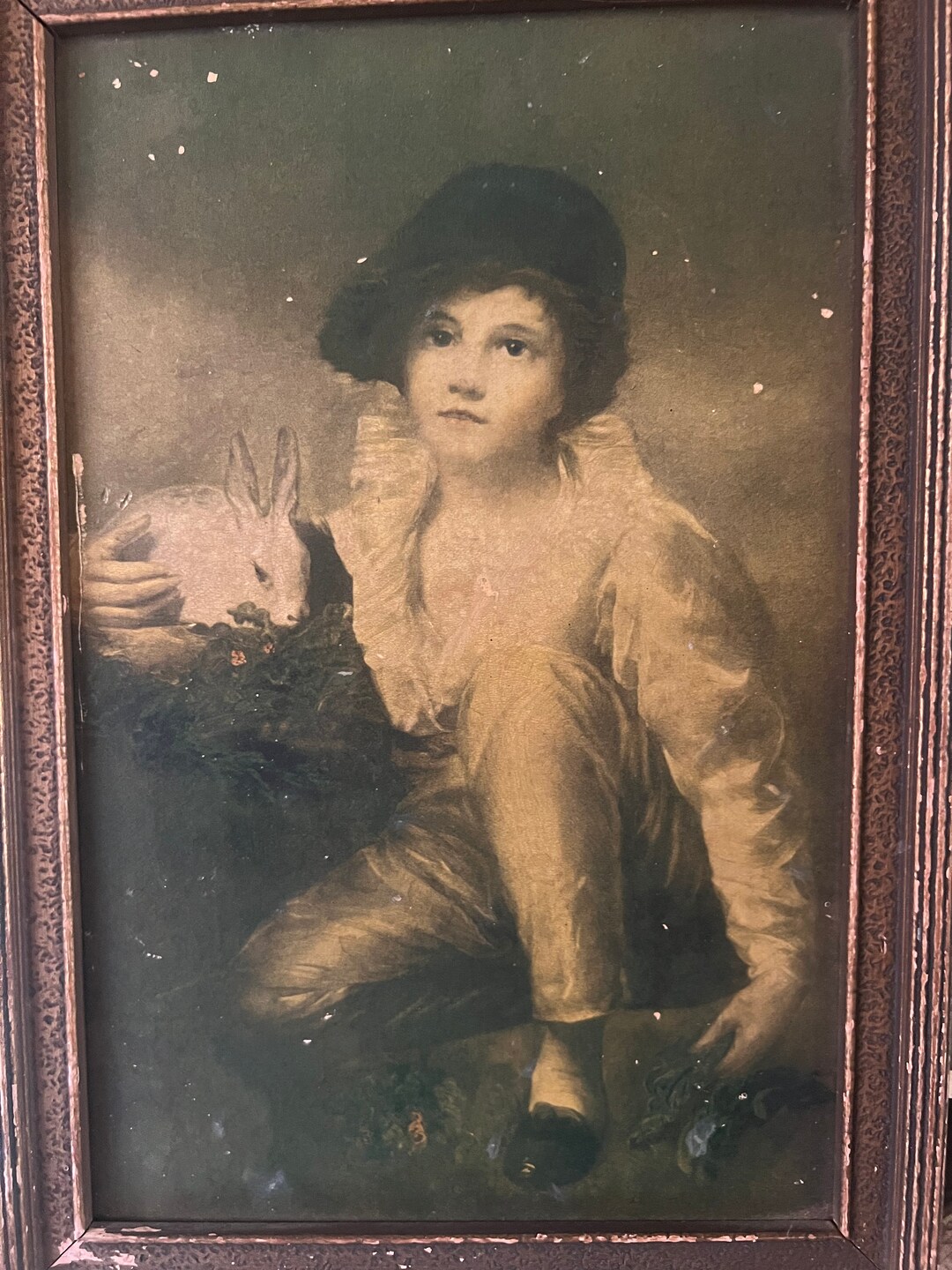 Antique Boy & Rabbit Framed Artwork - Etsy