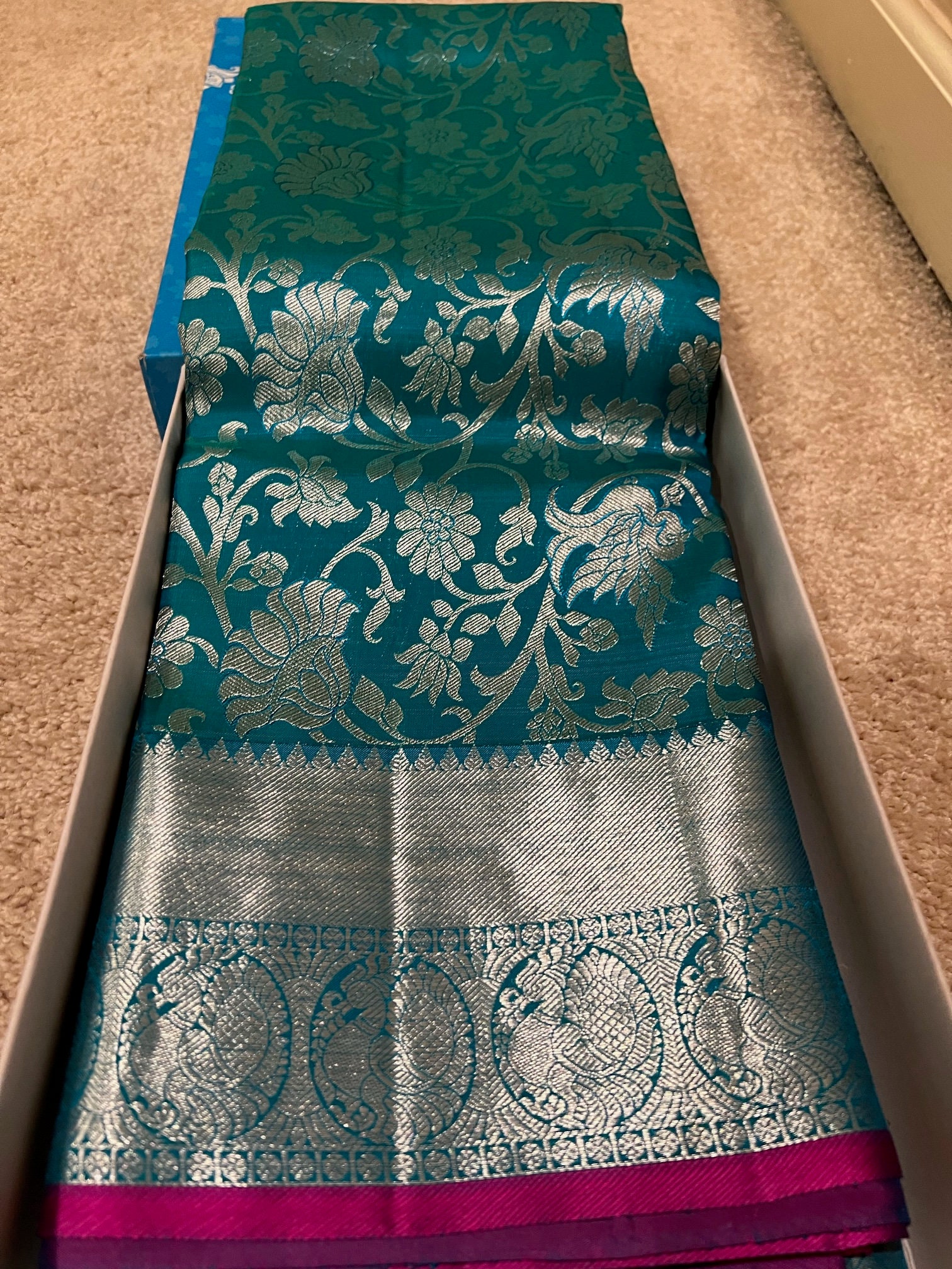 Pure Silver Zari Pattu Wedding Saree - Dark Turquoise - Big Border ...