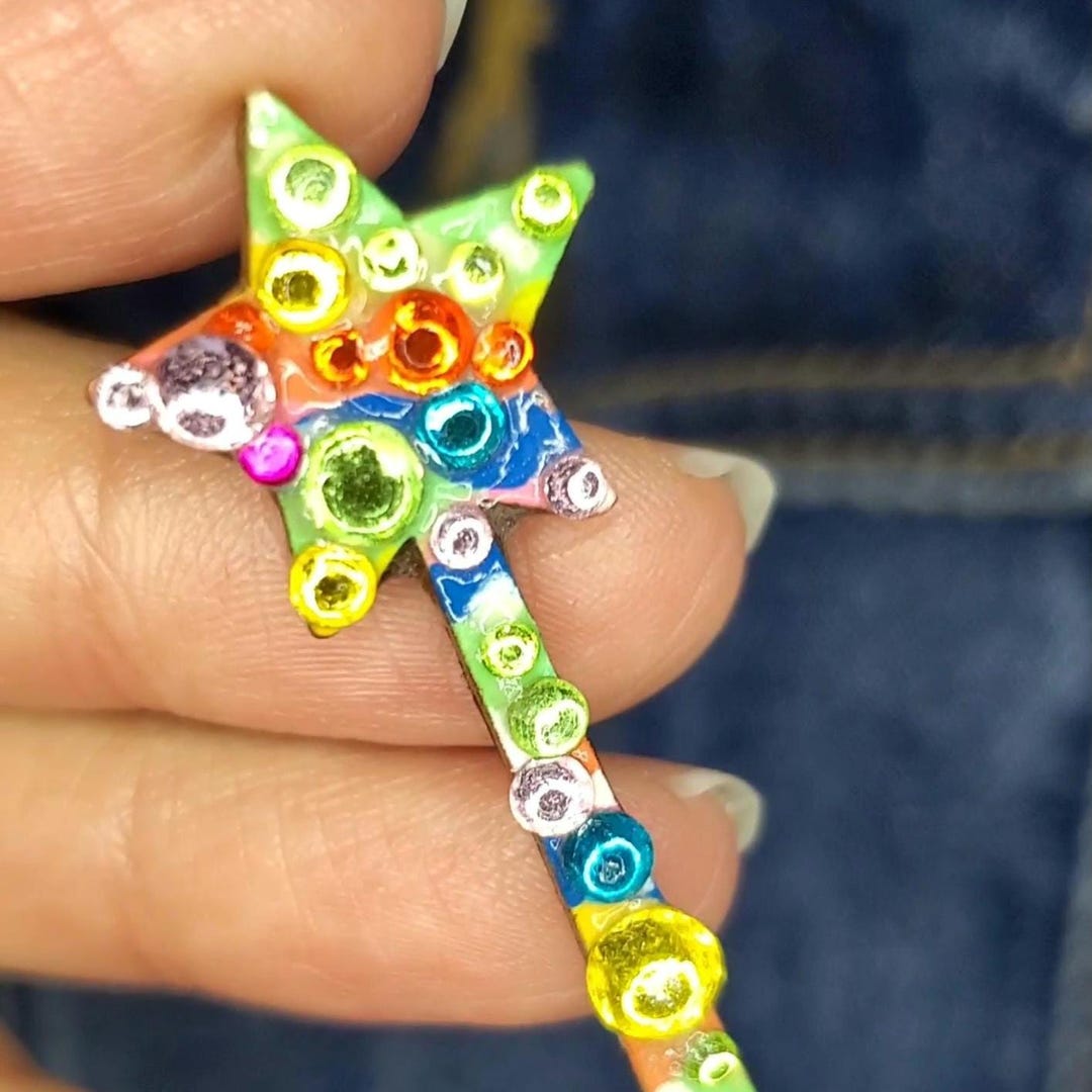 Rhinestoned Wand Brooch: Rainbow Star Topped Magic Wand Crystal ...